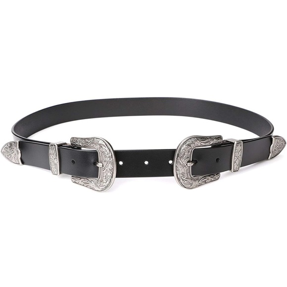 Accessories | Black Double Buckle Belt With Ornate Silver Buckles ...